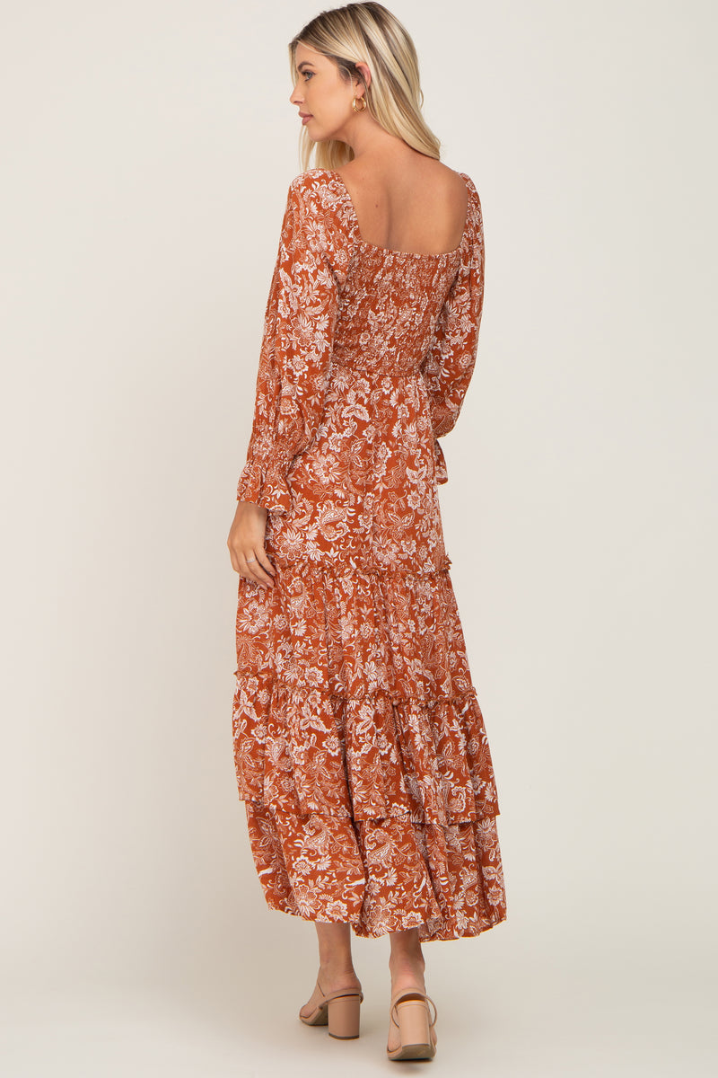 Rust Floral Cutout Smocked Tiered Maxi Dress– PinkBlush